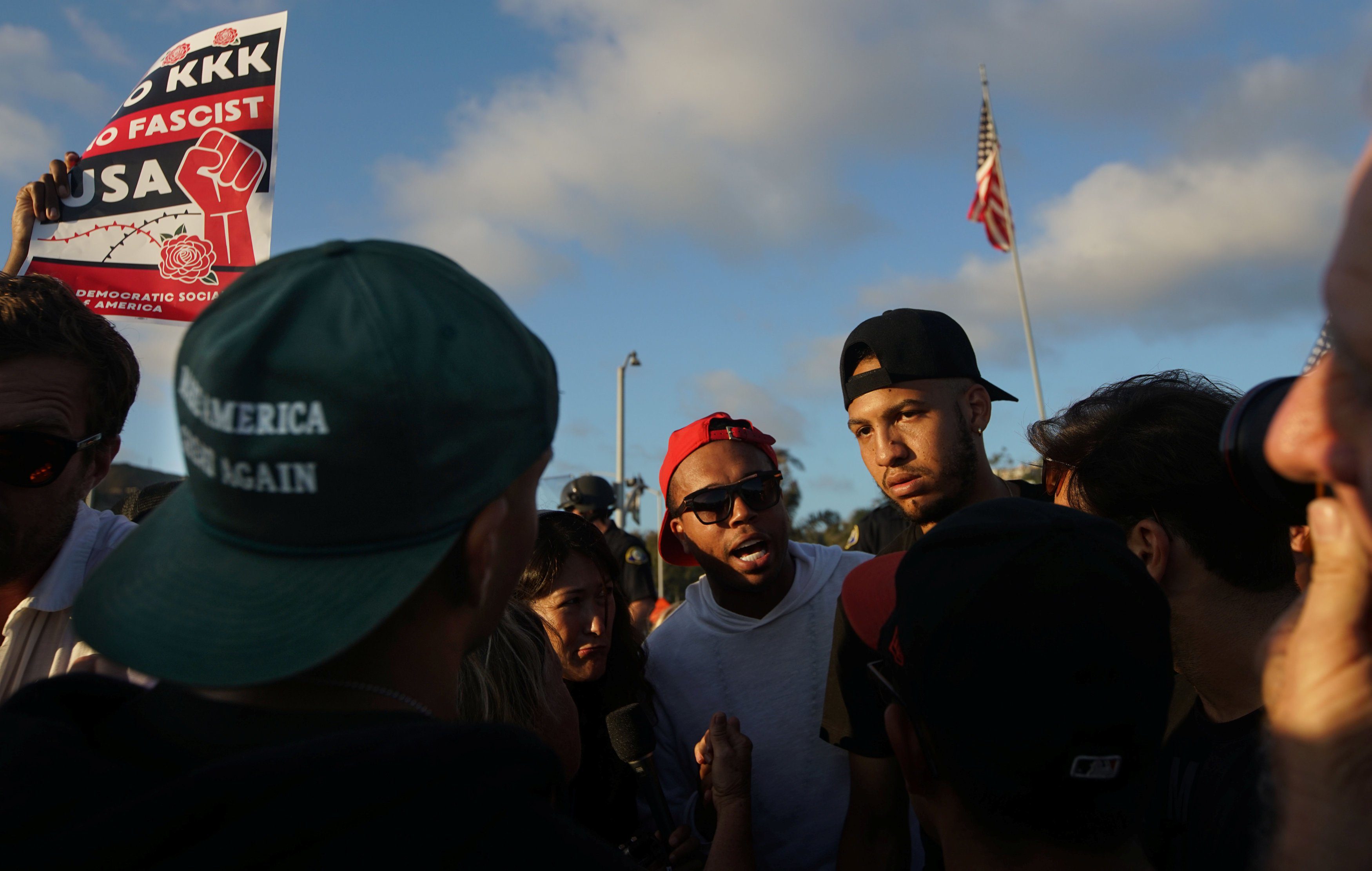 Demonstrators and counter-protesters face off during a protest at the ...