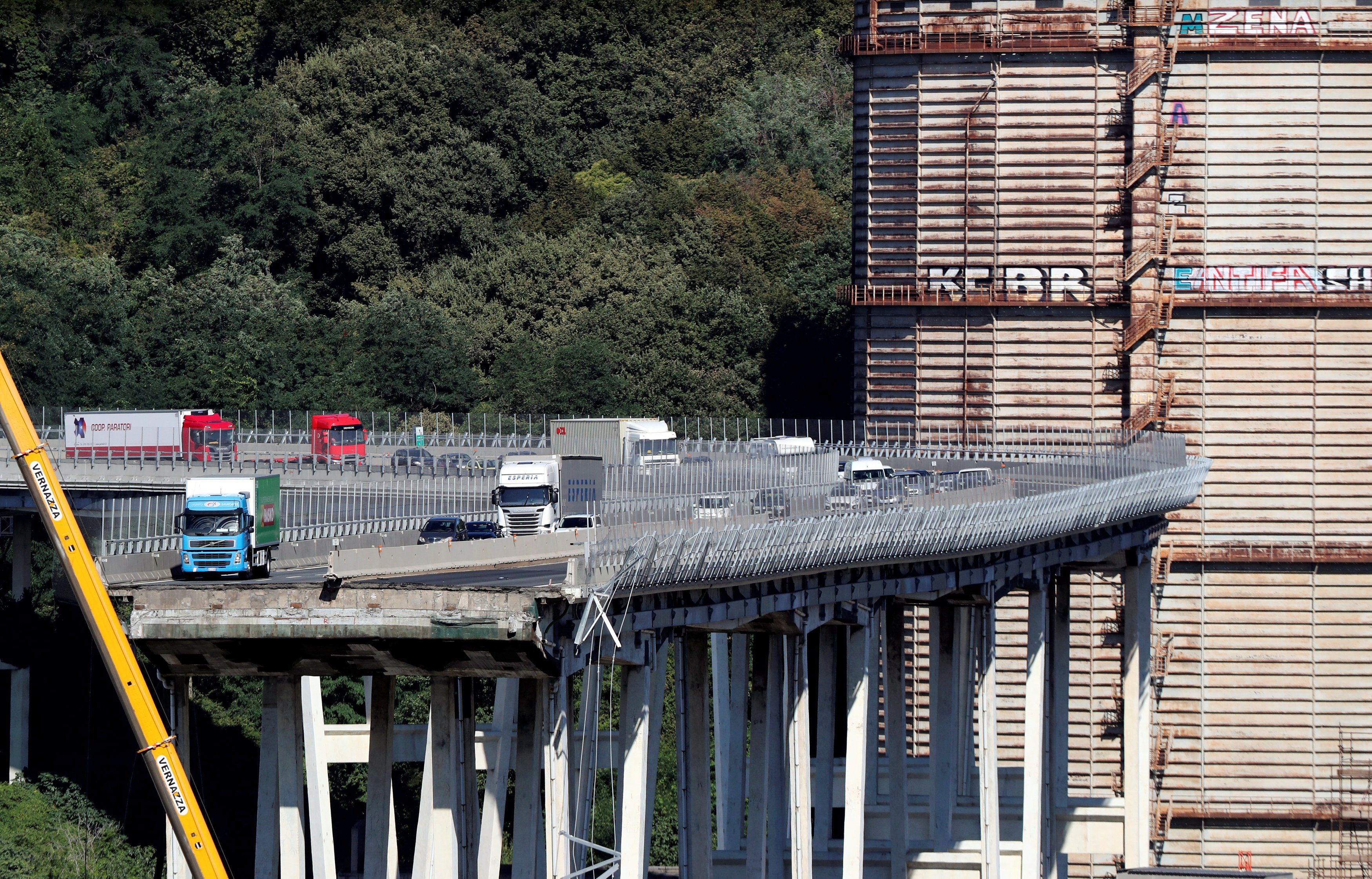 The collapsed Morandi Bridge is seen in the Italian port city of Genoa ...